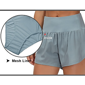 THE GYM PEOPLE Womens High Waisted Running Shorts Quick Dry Athletic Workout Shorts with Mesh Liner Zipper Pockets (Denim Blue, Large)