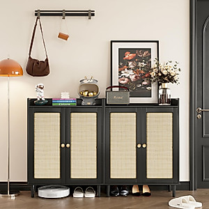 Shoe Cabinet - Rattan Shoe Cabinet for Entryway, Shoe Storage Cabinet with Adjustable Shelves, Black Shoe Cabinet, Farmhouse Freestanding Wood Shoe Rack Organizer for Closet, Living Room, Hallway