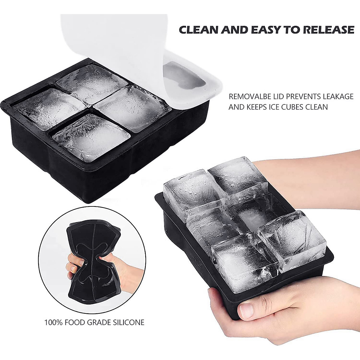 HONYAO Whiskey Cocktail Ice Mold, Easy Fill and Release Silicone Round Ice Ball Maker Mold Large Square Ice Cube Tray with Lid - 6 Ice Balls + 6 Ice Cubes Black