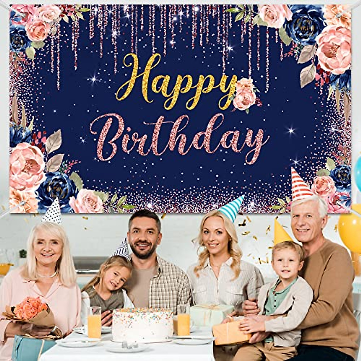 Happy Birthday Backdrop Decorations for Women Background Party Supplies Rose Backdrop Photography for Girls Boys Floral Glitters Banner Wedding Baby Shower Decor (Navy Blue)