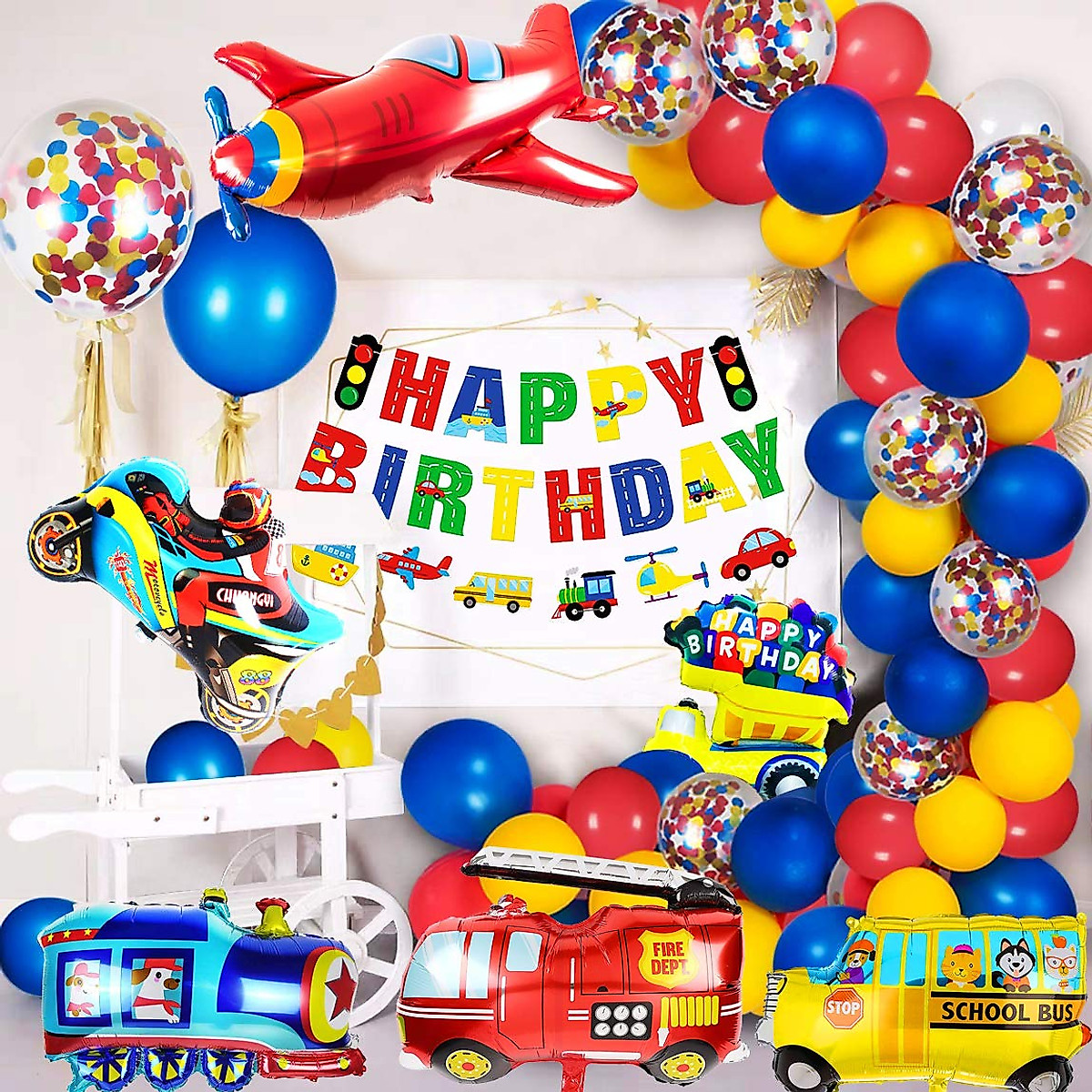 MOVINPE Transportation Birthday Decoration for Boys Happy Birthday Banner Cars School Bus Train Fire Truck Motorcycle Plane Foil Balloons Transport Vehicles Cake Topper Kids 2nd Birthday Decor