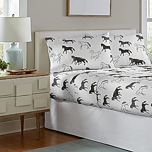 Pointehaven 180 GSM 100% Cotton Flannel Sheet Set - King Stallions Grey - Warm & Cozy - Pre-Shrunk -Deep Pockets - Elastic All Around-Comfy Double Brushed