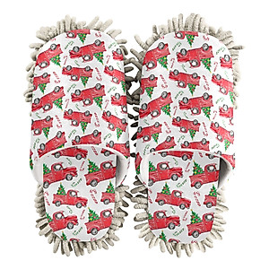 Festive Christmas Red Truck Vintage Car Winter Holiday Mop Slippers Shoes Cover for Floor Cleaning Washable Hair Dust Dirty Cleaners Microfiber Mop Socks for House Office Kitchen