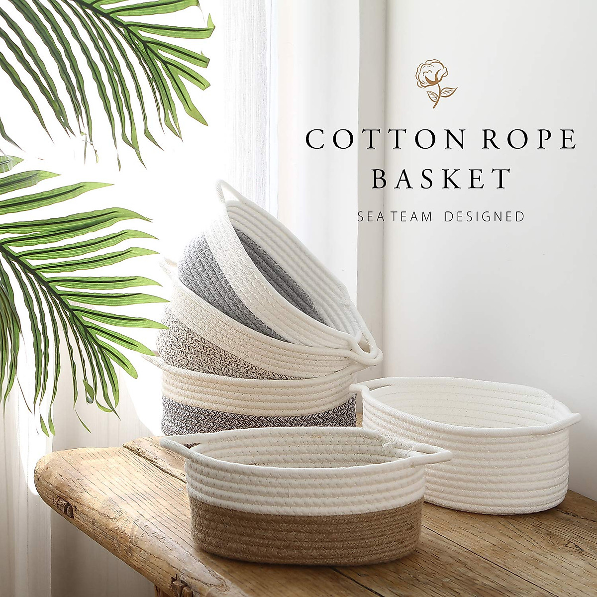 Sea Team 2-Pack Cotton Rope Baskets, 10 x 7 x 4 Inches Small Woven Storage Basket, Fabric Tray, Bowl, Oval Open Dish for Fruits, Jewelry, Keys, Sewing Kits (Grey & White)
