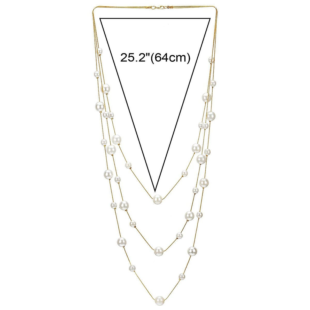 Gold White Statement Necklace Three-Strand Long Chains with Synthetic Pearl Beads, Elegant, Dress