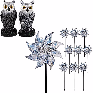 Hausse 2 Pack Fake Horned Owl | 10 Pack Reflective Pinwheels with Stakes
