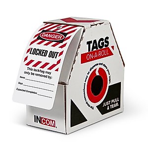 INCOM Manufacturing Lockout Tags On A Roll, Danger Locked Out, Heavy-Duty Polytag Stock, Waterproof and Tear-Resistant, Red/Black On White, 6.25 Inch X 3 Inch X 10 Mil Thickness, 100 pack, RT6027C