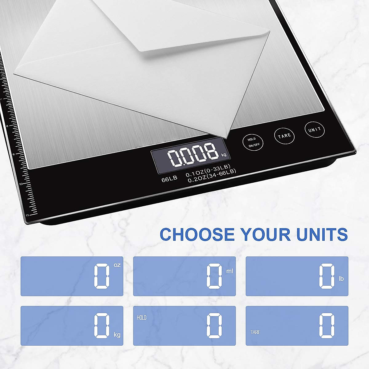 Amiloe Digital Postal Scale, 66lbs/0.1oz Shipping Scale, Letter Scale, Large Scale with Stainless Steel, 2 AAA Batteries Include