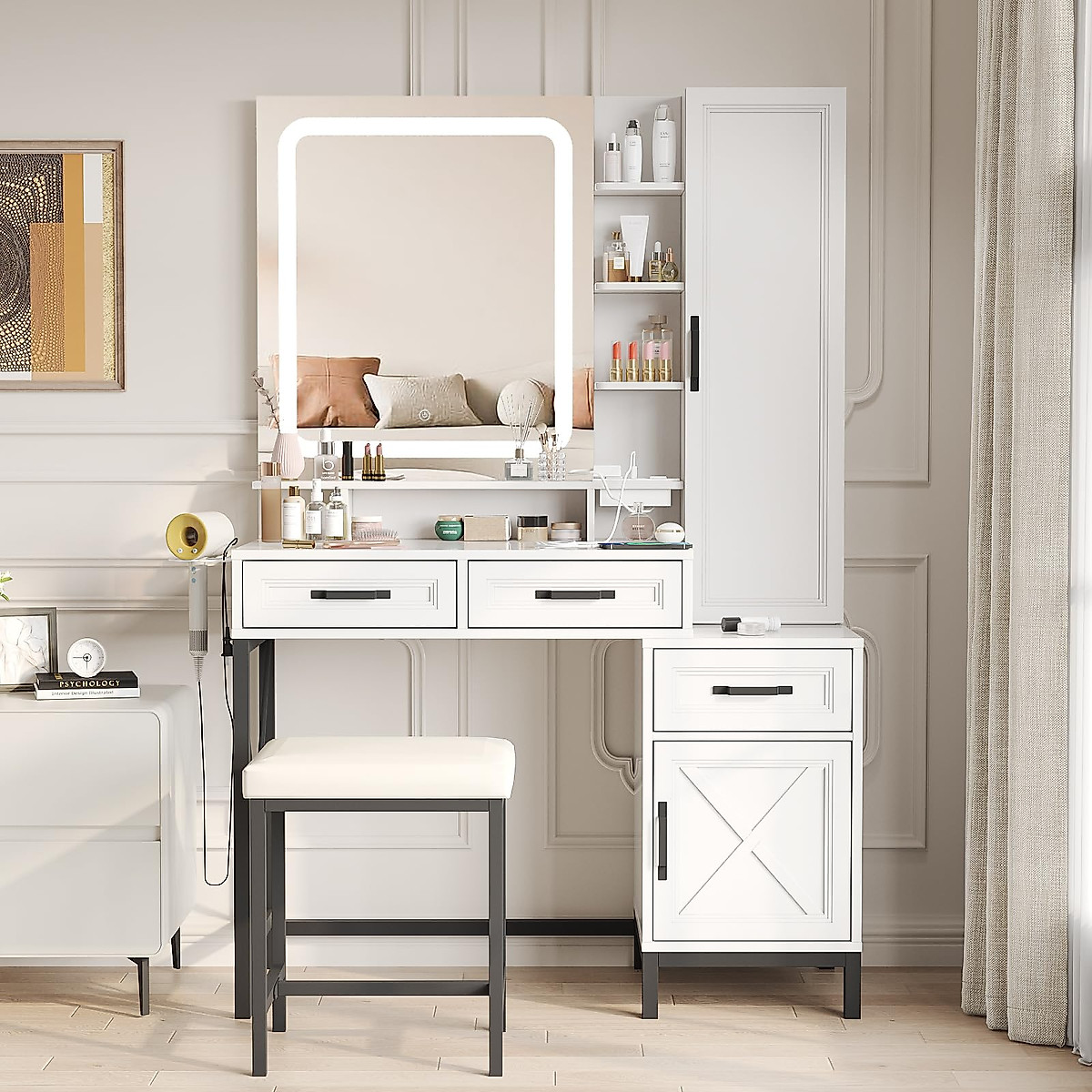 Maupvit Vanity Desk with HD LED Mirror,White Vanity with Large Jewelry Cabinet,Lots Storage Shelves,3 Drawers & Cabinets,Vanity with Charging Station,3 Lighting Modes, Brightness Adjustable