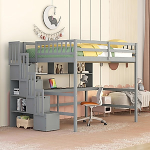 Bellemave Full Size Loft Bed with Desk and Storage Shelves,Wood Loft Bed Frame with Storage Staircase,High Loft Bed Full for Kids,Teens, Adults,Grey