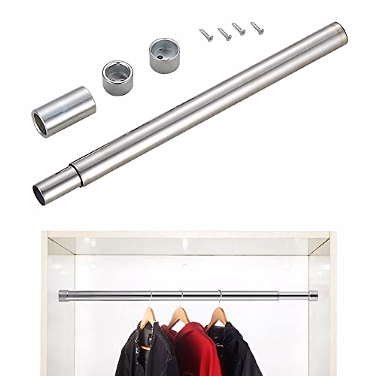 Closet Pole, Closet Rod with Telescopic Adjustment, with Wardrobe Rail Rod Pole Socket and Screws, Clothes Rod for Closet, Suitable for Wardrobes, Cabinets, Bathrooms, Balconies (12.2‘’-20.5‘’)