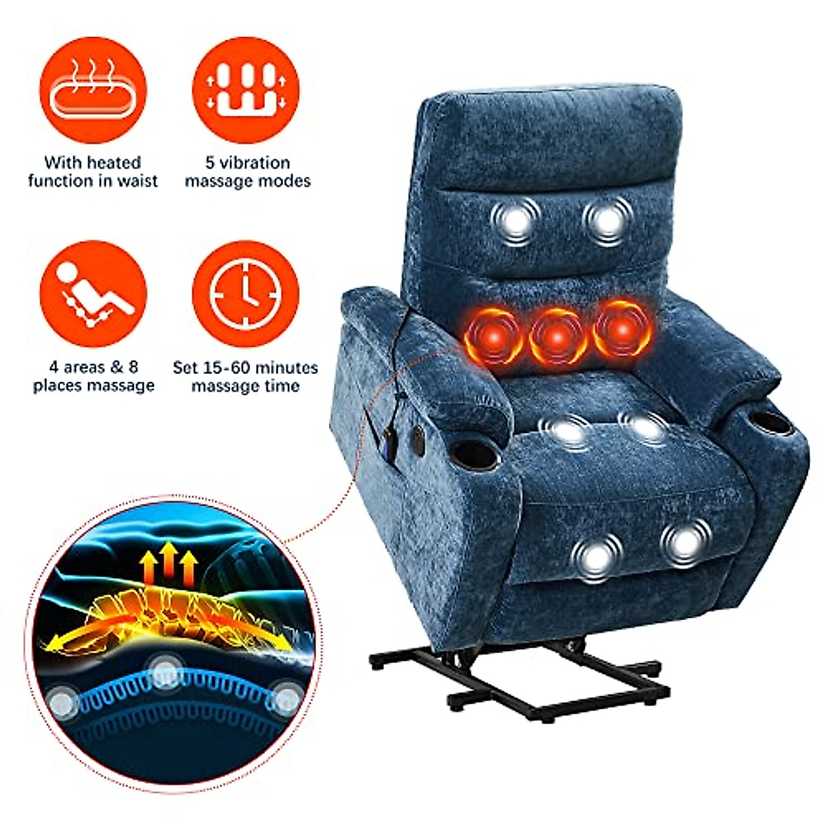 Electric Power Lift Recliner Chair, Vibration Massage Heated Chair for Elderly, Fabric Single Chair with 2 Side Pockets, Lounge Chair with 2 Cup Holders,1 USB Charge Port for Living Room