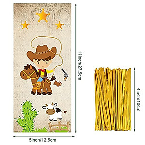 100 Pieces Cowboy Cellophane Bags West Cowboy Treat Party Bags Western Cactus Cow Horse with 150 Pieces Golden Twist Ties for Chocolate Candy Snacks Cookies Cowboy Themed Birthday Party