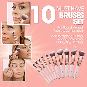 Kabuki Makeup Brush Set - Foundation Powder Blush Concealer Contour Brushes - Perfect for Liquid, Cream or Mineral Products - 10 Pc Collection with Premium Synthetic Bristles for Eye and Face Cosmetic