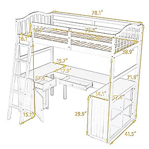 DNChuan Loft Bed with Desk/Drawers/Cabinet/Shelves, Wooden Loft Bed More Storage Space Twin Size - White