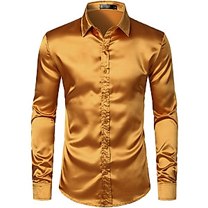 ZEROYAA Men's Luxury Shiny Silk Like Satin Button Up Dress Shirts ZLCL14-Gold Medium