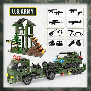 WishaLife City War Military Base Building Set, with Tank Transport Truck, Army Vehicle, Airplane, Toy Gift for Kids Boys Girls age 6+ (990 PCS)