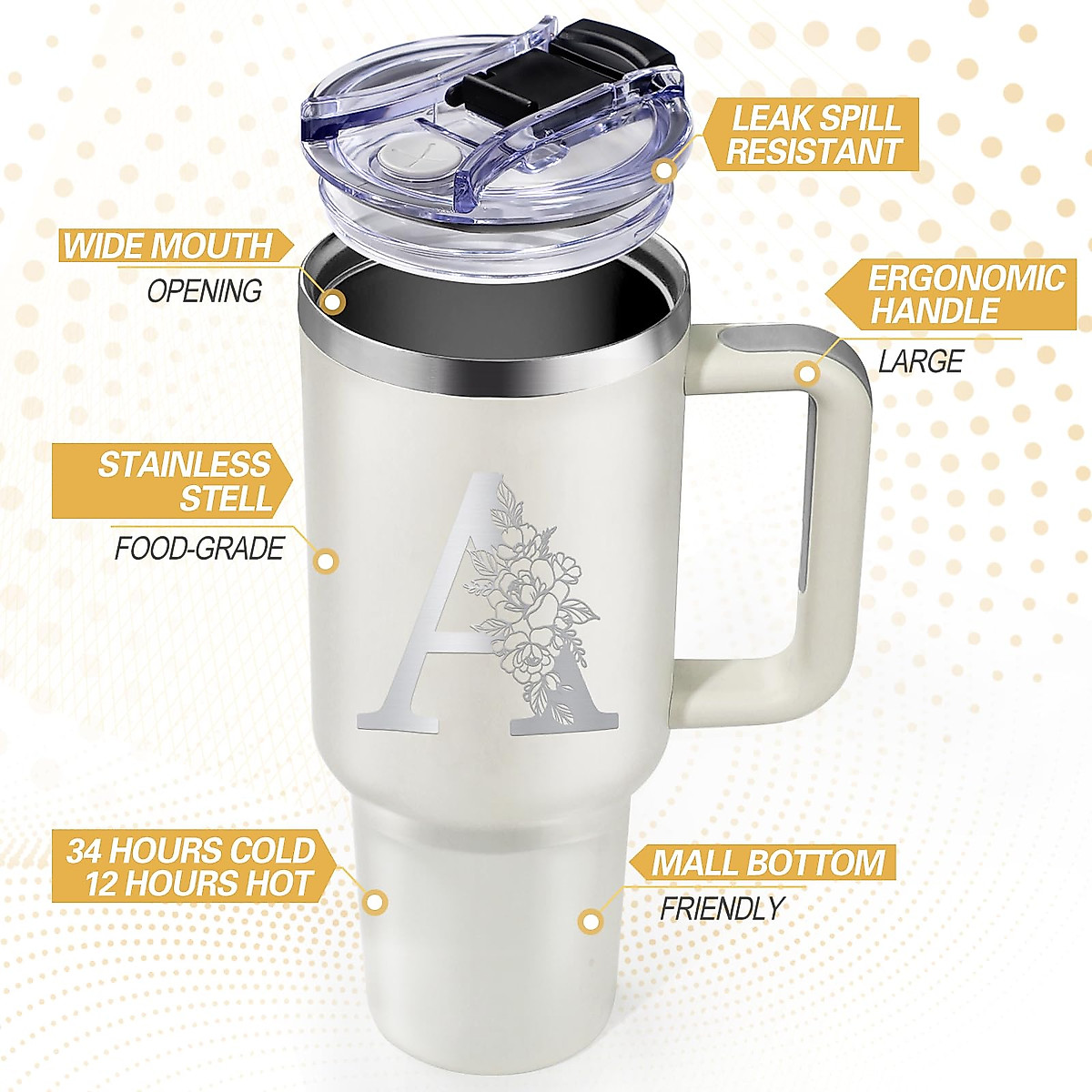 Birthday Gifts for Women, Gifts for Women, Monogrammed Gifts for Women, 40oz Initial Stainless Steel Tumbler with Straw and Lid - Personalized Christmas, Birthday Gifts for Best Friend Her Mom, A