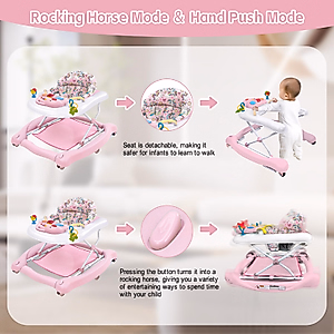 5 in 1 Foldable Baby Walker, Activity Baby Walker-Baby Bouncer, Rocker, Activity Center,Seat and Push Walker,Detachable Trampoline Mat, Adjustable Speed Rear Wheels and Height,Ages 6-18 Months(Pink)