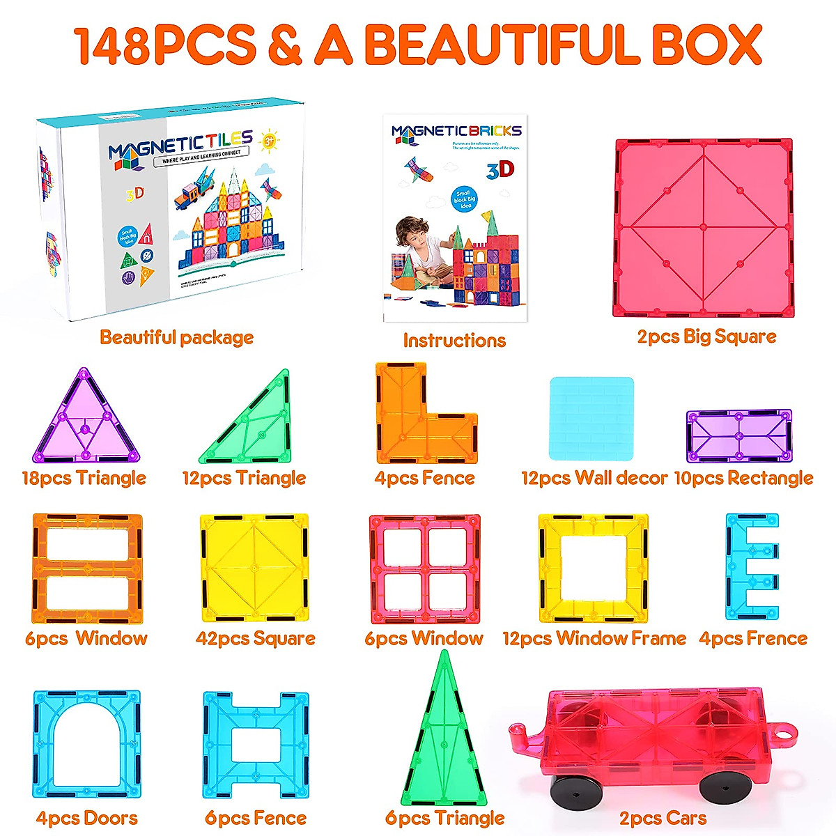 Kids Magnet Toys Magnetic Tiles, 148PCS 3D Magnetic Building Blocks STEM Learning Toys Magnetic Toys for 3 4 5 6 7 Years Old Boys Girls Gifts with 2 Cars