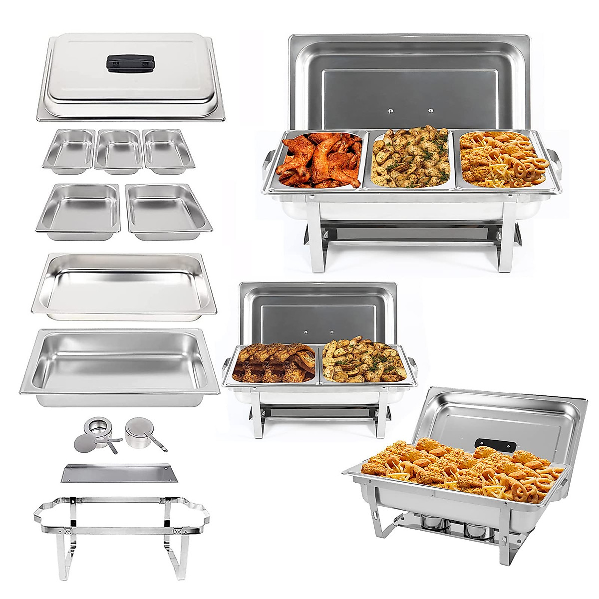 Restlrious Chafing Dish Buffet Set 8 QT Stainless Steel Foldable Rectangular Chafers and Buffet Warmer Sets w/Full & Half & Third Size Food Pan, Water Pan, Fuel Holder for Event Catering, 5-Pack