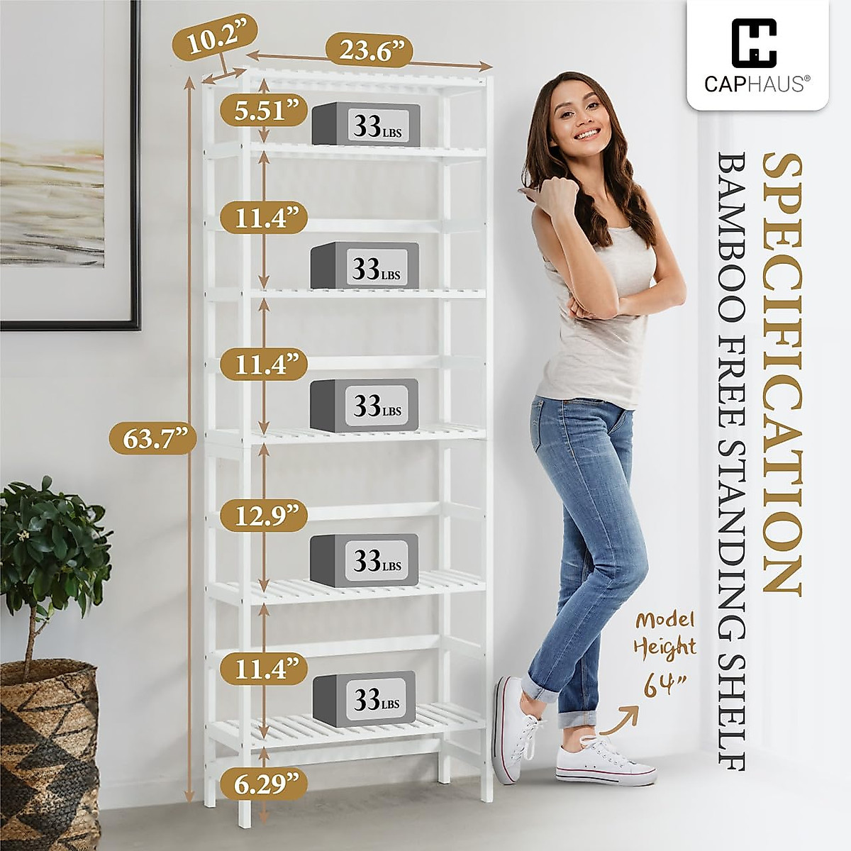 CAPHAUS 6-Tier Bamboo Shelf, Bamboo Open Storage Bookcase with Adjustable Layer, Freestanding Plant Display Stand, Multifunctional Storage Rack Stand for Bathroom, Bedroom, Kitchen, White