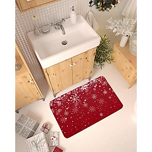 Christmas Bath Rugs White Snowflake Sponge Doormat Absorbent Non Slip Backing Durable Soft Flannel Mat Red Christmas Memory Foam Mats Carpet for Bathroom Kitchen, 18 x 30 inch