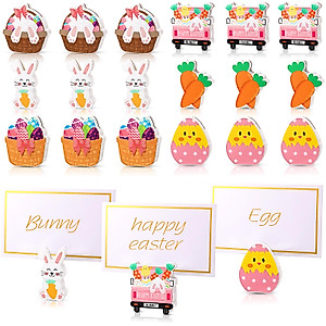 Kigley 18 Pcs Easter Bunny Eggs Wooden Place Card Holder with 25 Pcs Gold Foil White Card Easter Wooden Table Sign Bunny Easter Eggs Picture Number Sign Stands Holder for Spring Party (Cute)