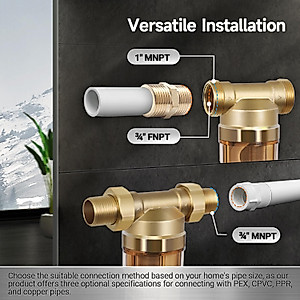 PUREPLUS 40 Micron Whole House Spin Down Sediment Water Filter With Scrapper, Reusable Flushable Pre-Filtration System for City/Tap water, 1" MNPT + 3/4" FNPT + 3/4"MNPT, Brass, BPA Free, USA Tech