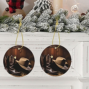 Christmas Ornaments Round Ceramic Ornaments Cowboy Black Hat Western Boots Printed Christmas Tree Ceramics Hanging Ornament for Xmas Holiday Party Decorations