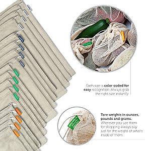 17 Reusable Cotton Mesh Produce Bags - 100% Organic Cotton, Durable, Double Stitched, Washable with Tare Weight & Drawstring - Mesh Bags for Grocery Shopping, Vegetables & Fruits, produce bgs 4 sizes