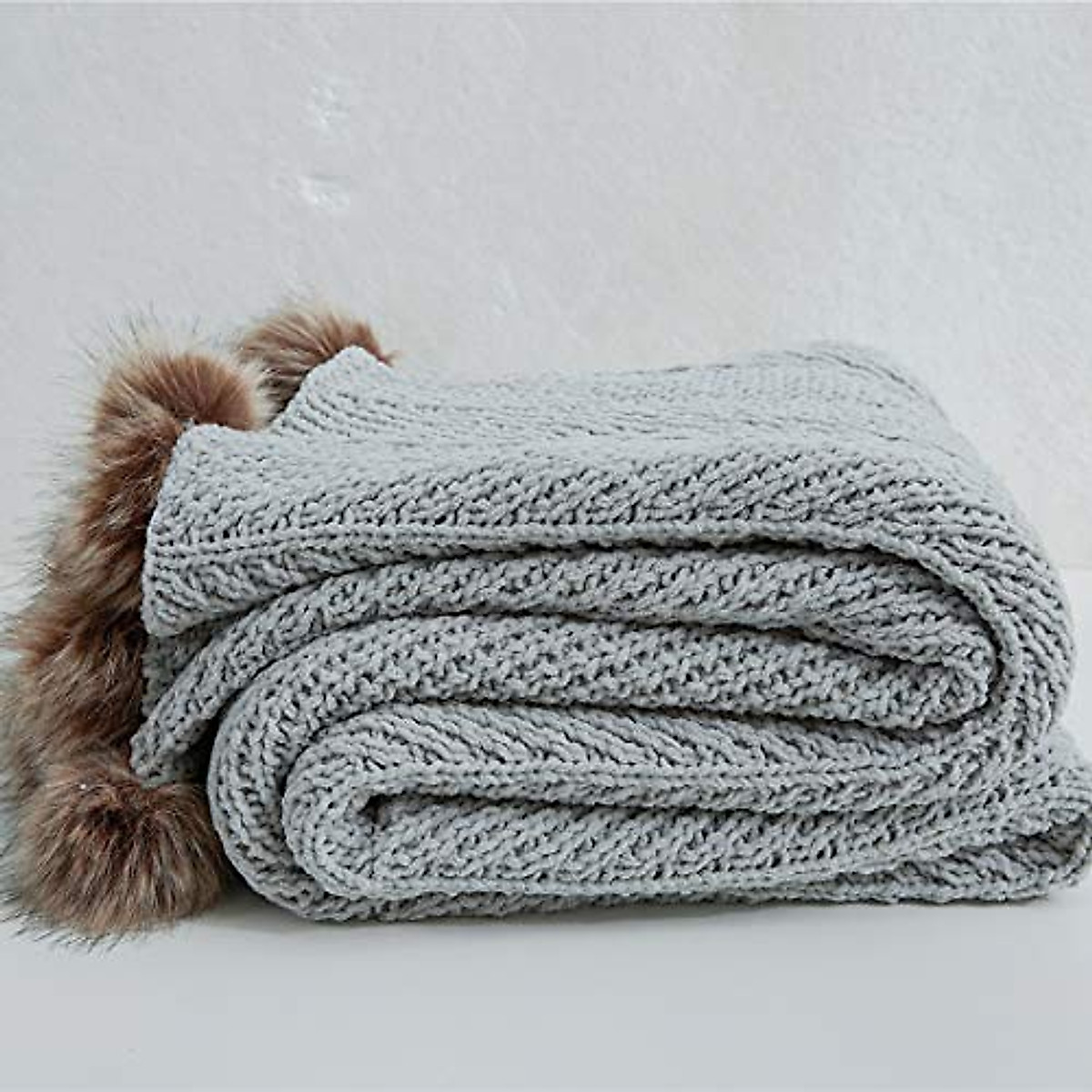 vctops Fur Pom Pom Knit Throw Blanket Super Soft Warm Cozy Cable Knitted Blanket for Sofa and Couch 51 x 63 Inch Light Grey