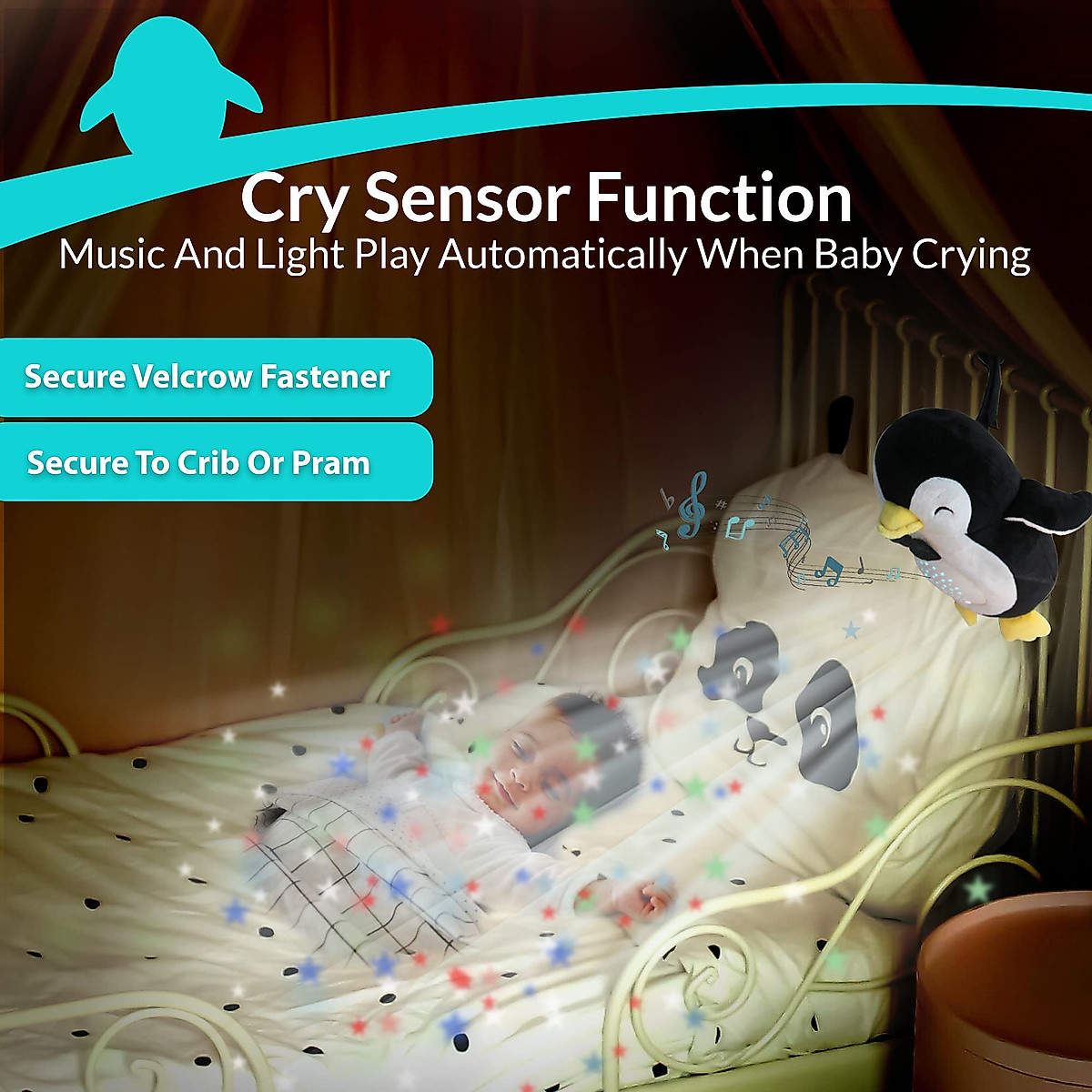 Baby Sleep Soother Penguin, White Noise Machine, Crib Toy with Cry Activated Sensor, Unique Baby Girl Gifts & Baby Boy Gifts, Woodland Baby Shower Gifts, Portable Sleep Aid Night Light