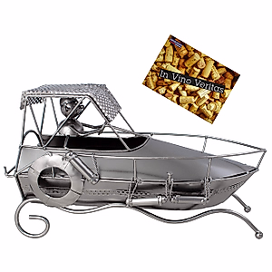 BRUBAKER Wine Bottle Holder 'Motor Boat' - Table Top Metal Sculpture - with Greeting Card