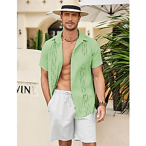 COOFANDY Mens Cuban Guayabera Shirt Linen Short Sleeve Shirts Regular Fit Summer Beachwear Light Green