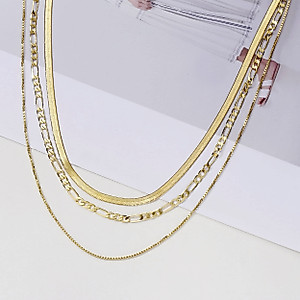 LEXODY 14K Gold Multi-layer Snake Chain Necklace Set Double Layer Snake Filled Herringbone Choker Necklace for Women Layering Cuban Chain Flat Snake Chain Jewelry