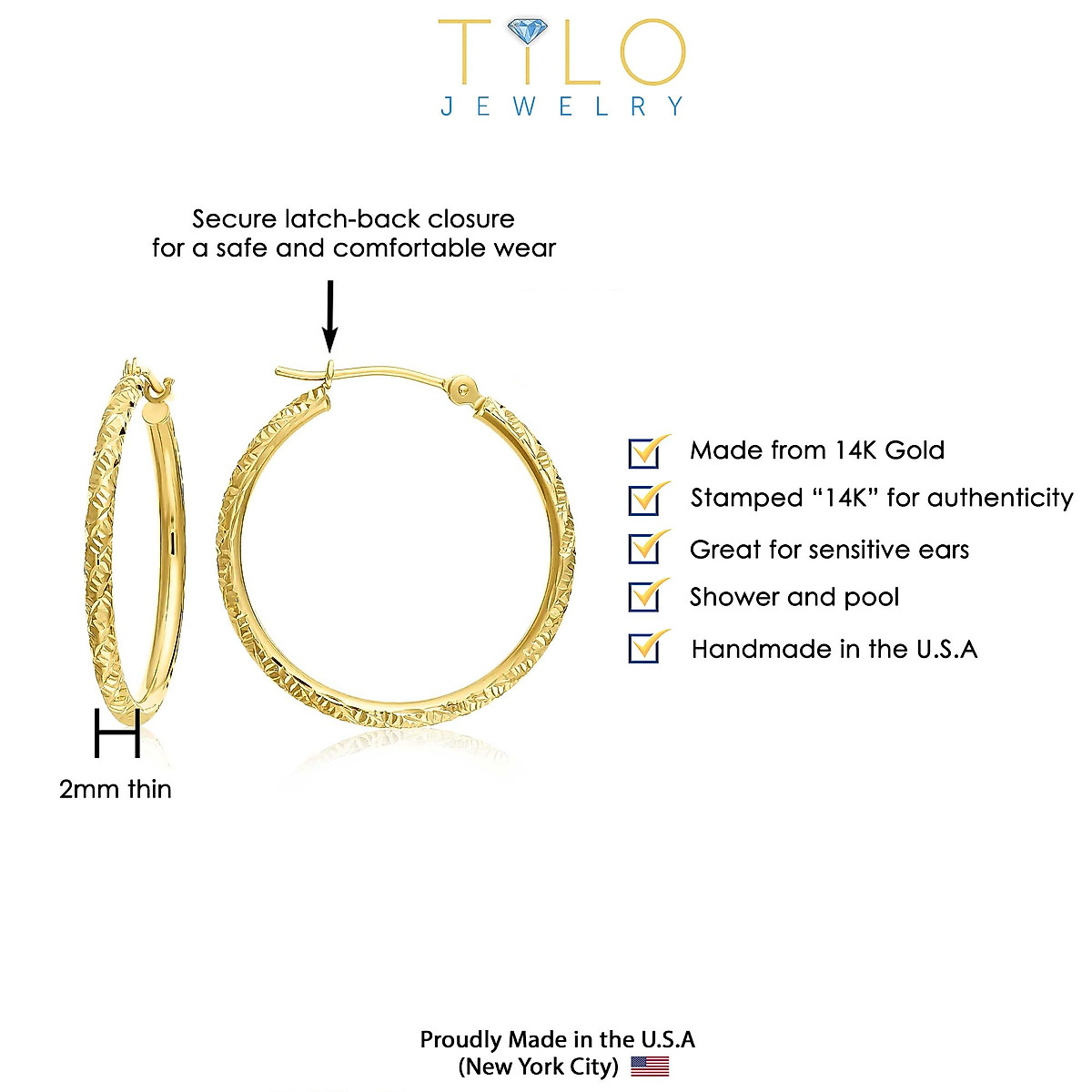 14k Gold Hand Engraved Diamond-cut Round Hoop Earrings -1'' Diameter (yellow-gold)…