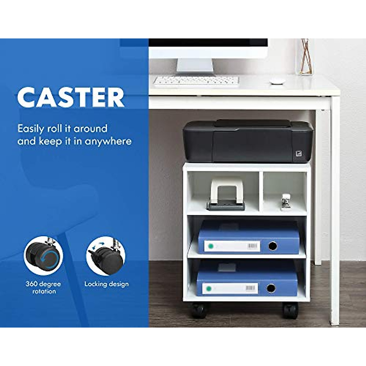 FITUEYES White Printer Stand, Under Desk Mobile Printer Table with Adjustable Storage Compartments, Home Office Wood Work Cart with Wheels, PS404005WW