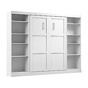 Bestar Pur Full Murphy Bed with 2 Shelving Units, 109-inch Space-Saving Wall Bed with Storage