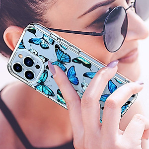 LUHOURI Designed for iPhone 13 Pro Max Case with Screen Protector - Crystal Acrylic Clear for Women and Girls - Slim Fit Protective Phone Cover 6.7" - Floral Blue Butterflies