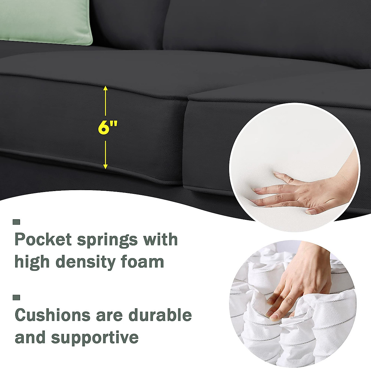 POCIYIHOME 11287" Sectional Ottoman, Convertible L Shape Fabric Corner Couch Set with 3 Pillows, 7 Seats Modular Sofa Chaise for Living Room,Office,Apartment, Polyester, Black