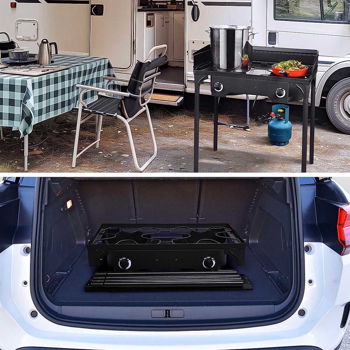 Outdoor Camping Stove, Propane Dual Burner Cooker w/Detachable Legs, 0-20 PSI Regulator, 150,000-BTU for Camping, Barbecue, Car Travel, Garden Party