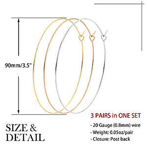 1mm Thin Extra Large Hoop Earrings，3 Pairs Set 90mm Huge Gold Hoops 18k Gold Plated Stainless Steel Big Gold Hoop Earrings for Women