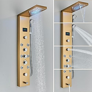 FCOTEEU Brushed Gold Shower Panel with Rainfall Waterfall Shower Head, 6 Adjustable Body Massage Jets Handheld Temperature Dispaly, Wall Mounted Stainless Steel Shower Column Tower