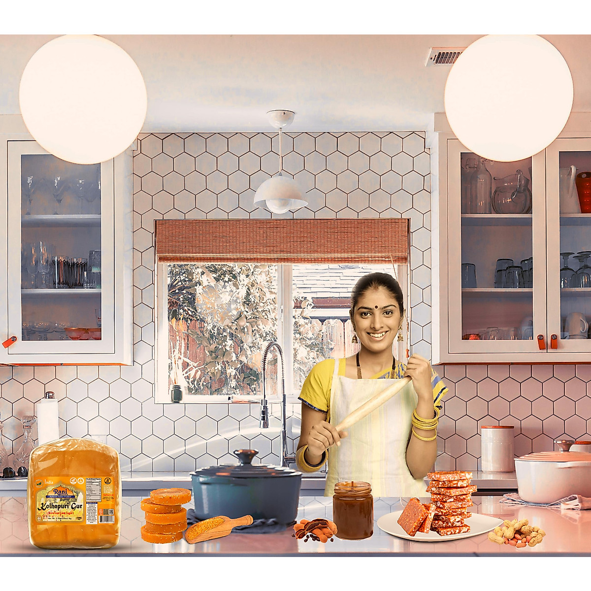 Rani Kolhapuri Gur (Jaggery) 1kg (2.2lbs) ~ Indian Unrefined Raw Cane Sugar, No Color added, Gluten Friendly | Vegan | NON-GMO | No Salt or fillers