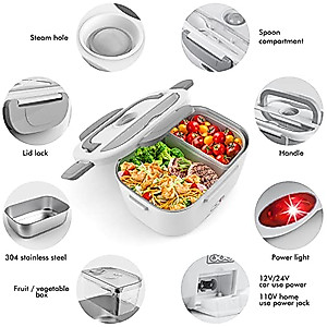 COCOBELA Electric Lunch Box Food Heater, Heated Lunch Boxes for Adults Car Truck Home, 60W Portable Food Warmer Leak Proof, 1.5L Removable Stainless Steel Container, 110V/12V/24V