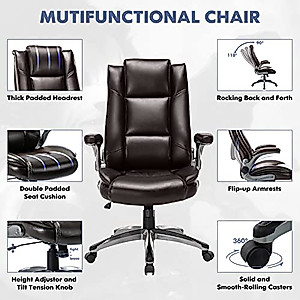 High Back Executive Office Chair-Ergonomic Bonded Leather Computer Chair with Flip-up Arms, Adjustable Tilt Tension, Padded Armrests, Swivel Rolling Home Office Desk Chair-Brown