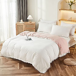 Bedbay Queen Duvet Cover Set Pink Bedding for Teen Girls Aesthetic Bedding Set Ball Pom Fringe Design 3pcs Ultra Soft Microfiber Duvet Cover Set(White&Pink,Queen)