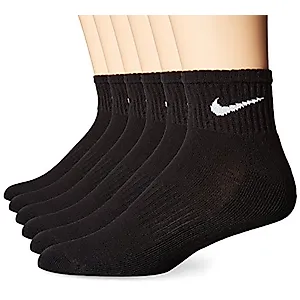 NIKE Unisex Performance Cushion Quarter Socks with Bag (6 Pairs), Black/White, Large