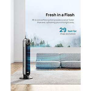 Dreo Tower Fan for Bedroom, 25ft/s Velocity Quiet Floor Fan, 90° Oscillating Fans for Indoors with 4 Speeds, 4 Modes, 8H Timer, Standing Fans, Bladeless Fan, Silver, Nomad One (DR-HTF007)
